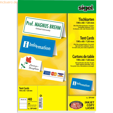 Sigel Tischkarten A4 185g/qm hochweiß VE=40 Stück | mcbuero.de